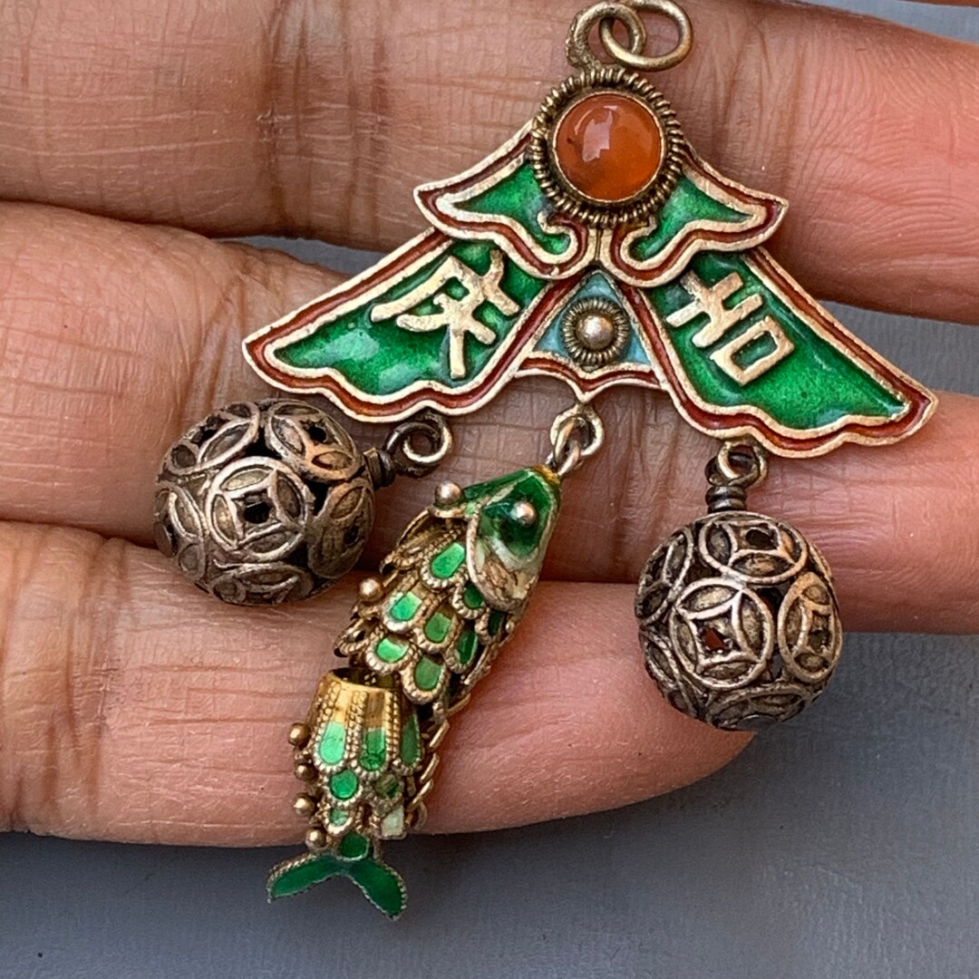 Vintage Chinese Sterling Silver Enamel Koi Fish Pin Brooch Pendant ...