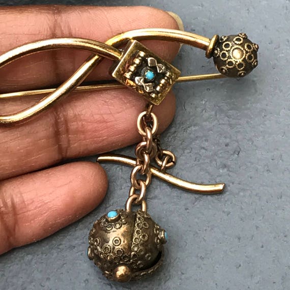 Antique Ball Dangle Pin . brooch . Victorian Etrusc… - Gem