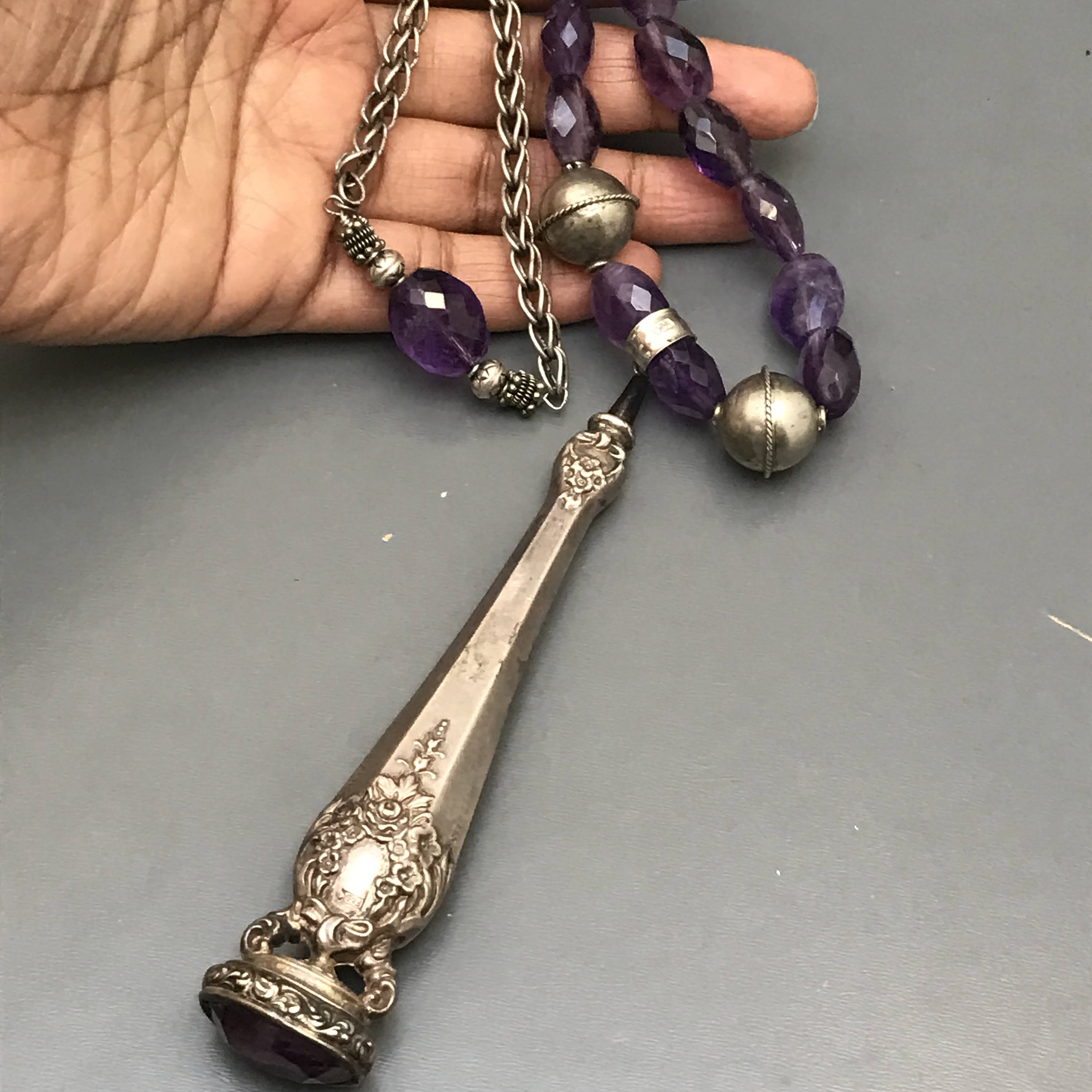 Antique Fob Pendant Necklace . Amethyst Beaded . Silver | Etsy