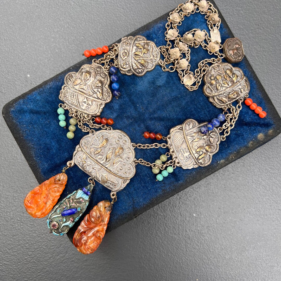 Vintage Chinese Export Carved Carnelian Enamel Silver Plated Necklace ...