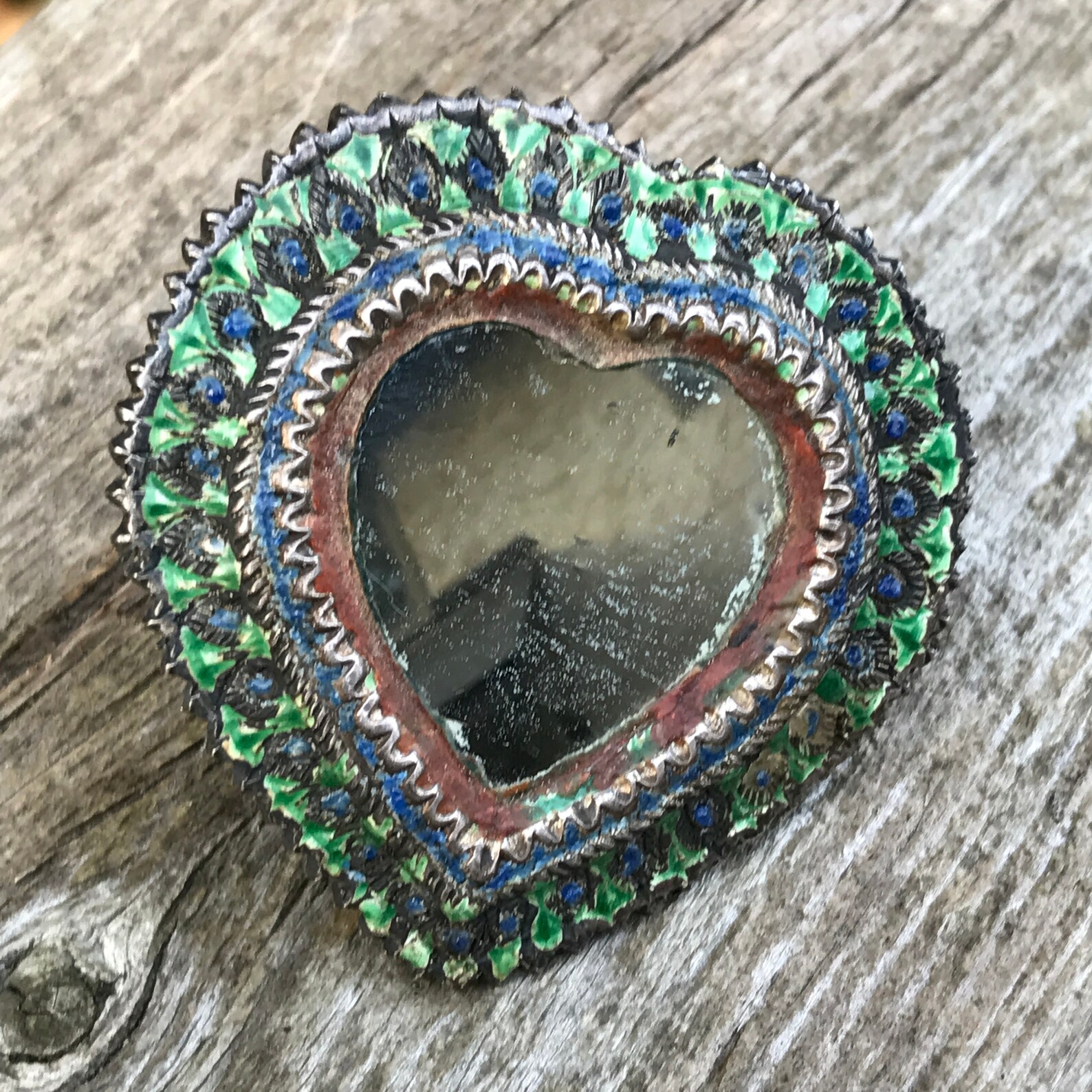 MASSIVE Tribal Mirror Heart Shape Silver Ring . Multan Enamel - Etsy