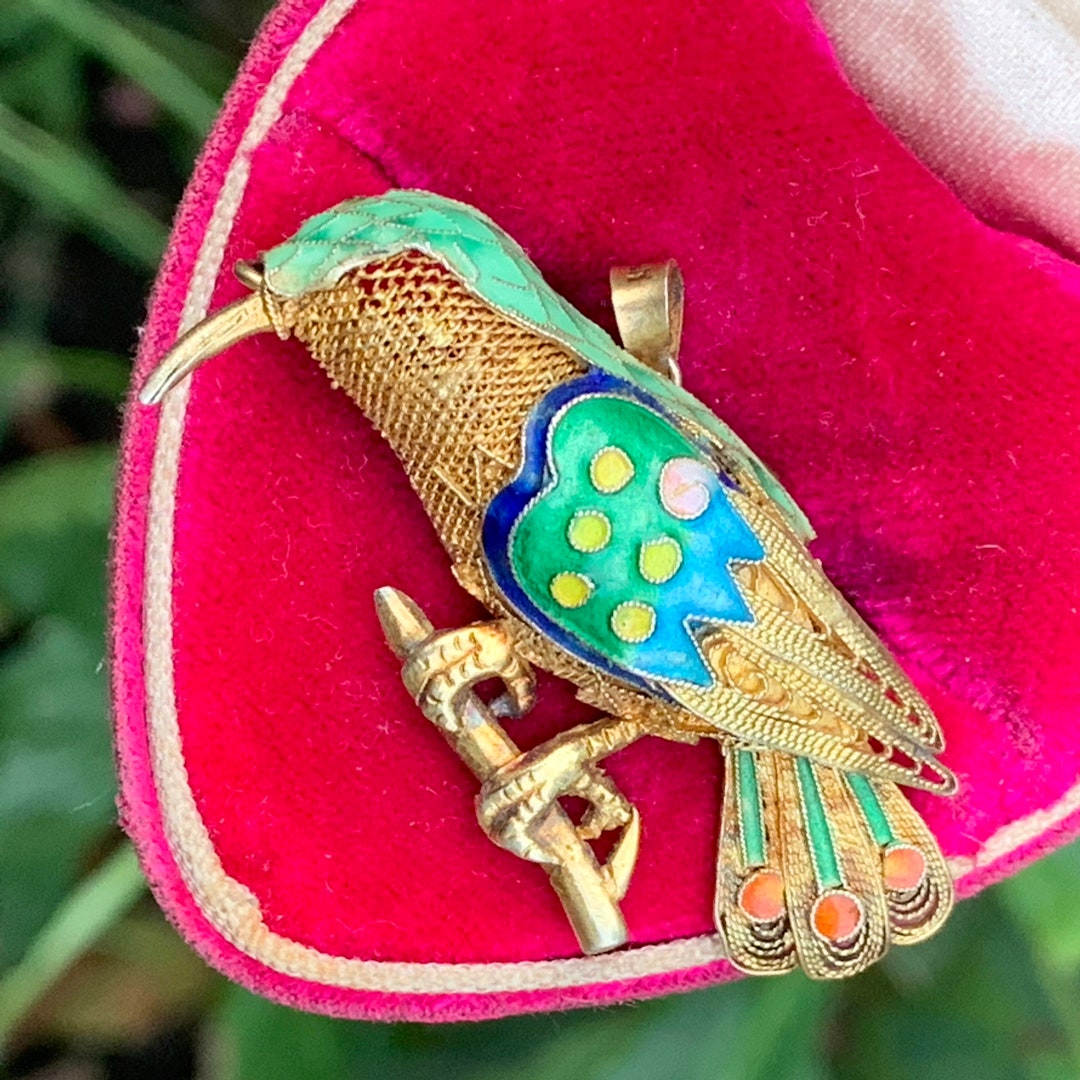 Vintage Chinese Gold Gilt Silver Enamel Bird Pin Pendant . - Etsy