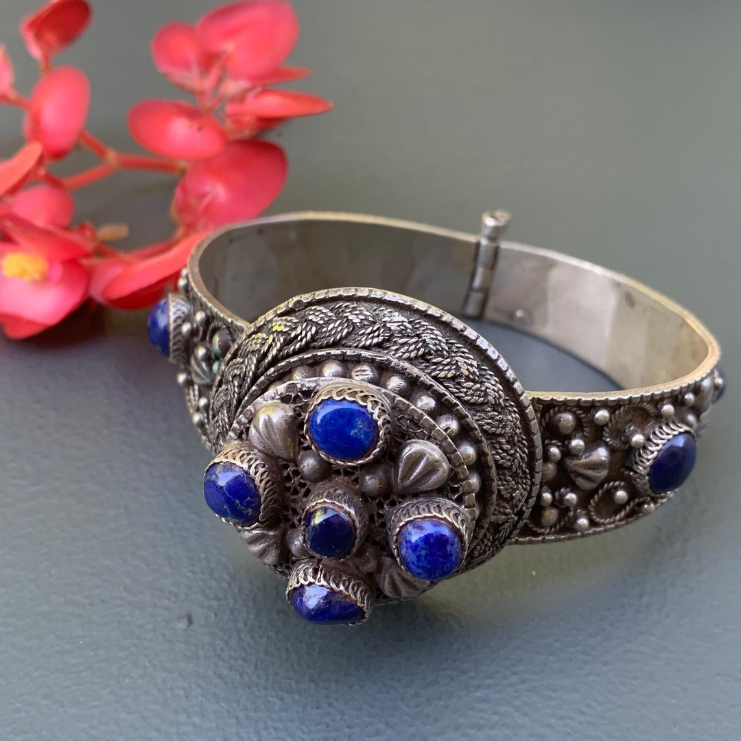 Rare Silver Lapis Poison Locket Hinged Bracelet With Floral Design ...