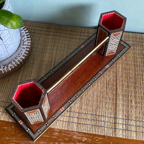 vintage Wooden Inlay Mosaic Pen Pencil Holder Stand … - Gem