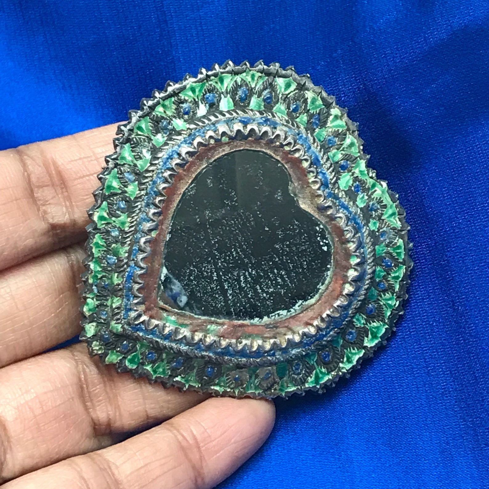 MASSIVE Tribal Mirror Heart Shape Silver Ring . Multan Enamel - Etsy