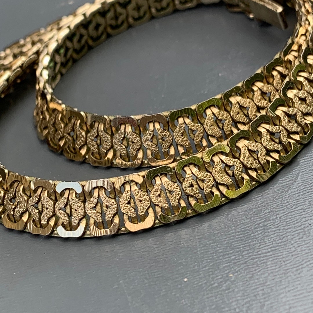 WIDE Vintage Art Deco Woven Brick Chain Necklace . Pierced Design ...