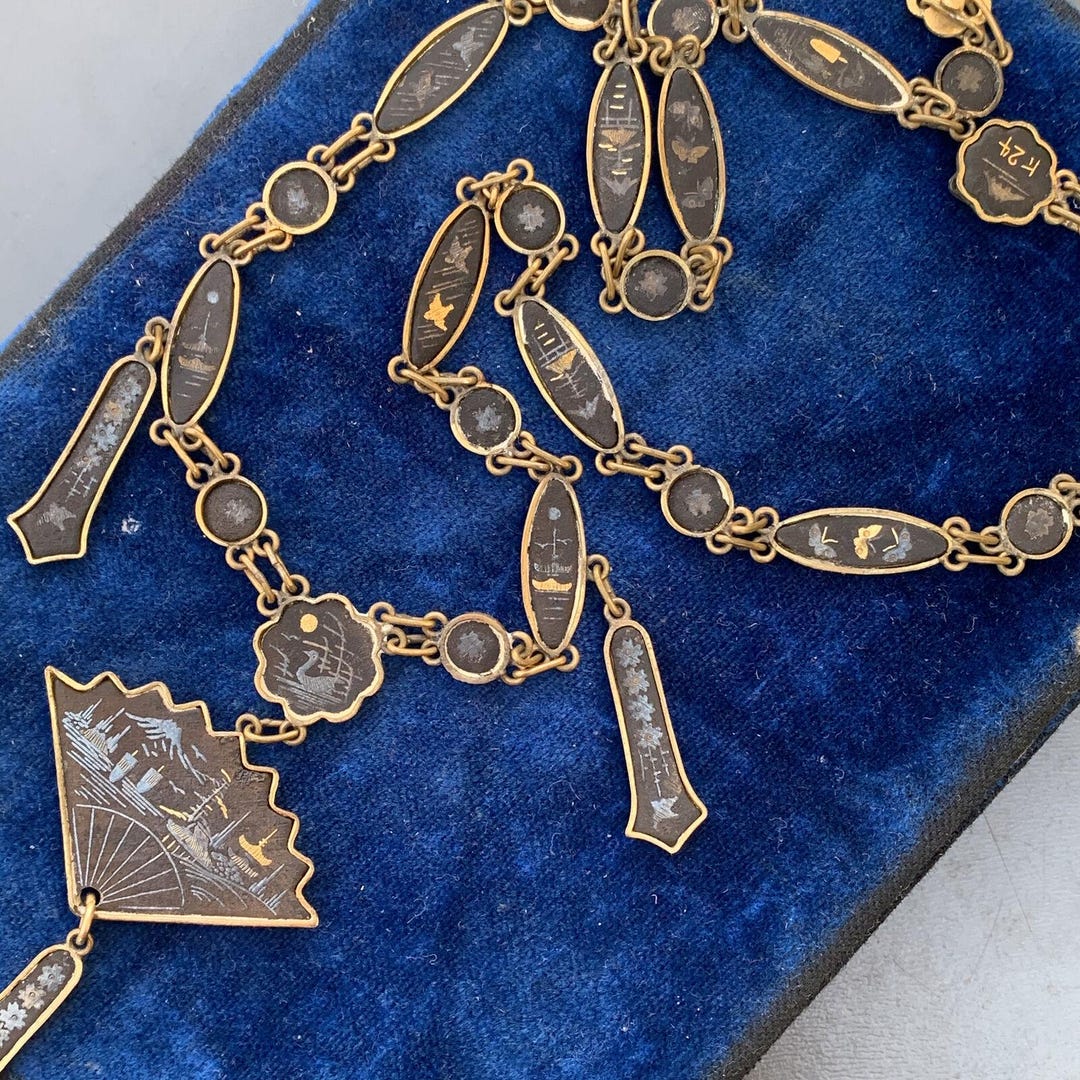 Vintage Amita Japan 24kt Gold Silver Brass Necklace . Damascene Enamel ...