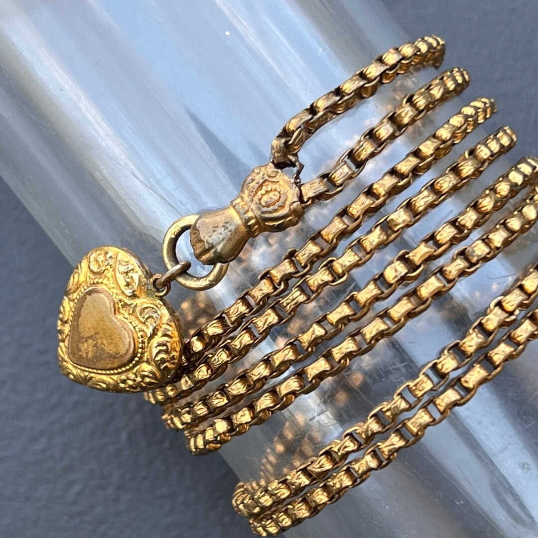 Antique Victorian Rolled Gold Puffed Hear Fist Hand Chain Necklace ...