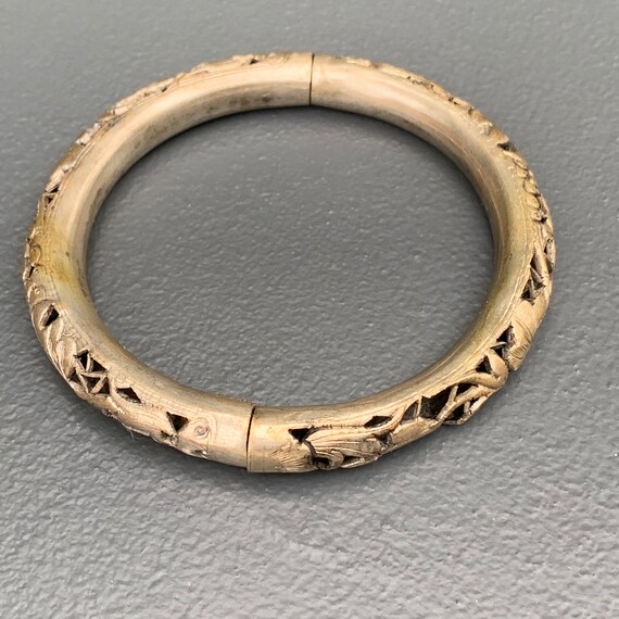 Vintage Chinese silver tone pierced hinged Bangle… - Gem