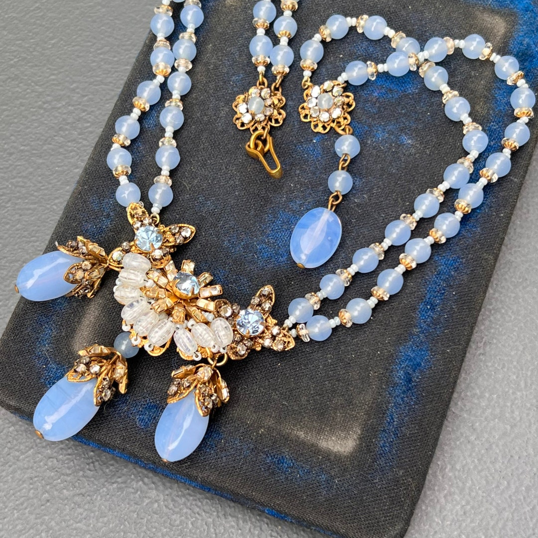 Early Frank Hess Miriam Haskell Blue Glass Rhinestones Gold Plat Choker ...