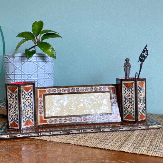 vintage Wooden Inlay Mosaic Pen Pencil Holder Stand … - Gem