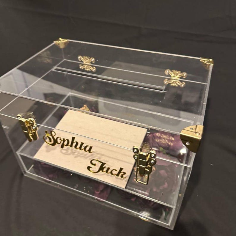Personalized Acrylic Wedding Card Box With Dark Purple Flowers – Clear ...