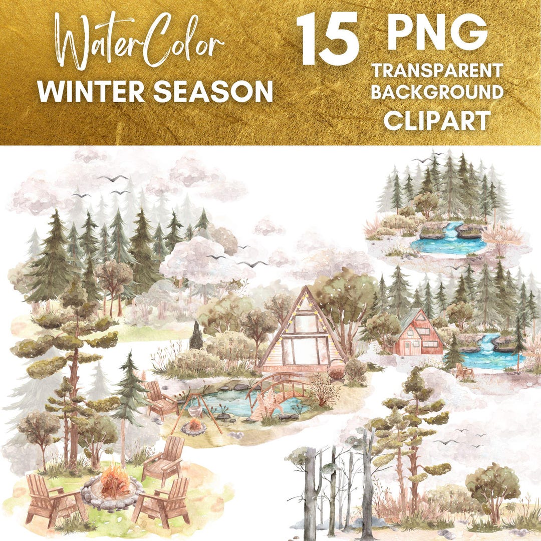 Watercolor Winter Scene Clipart PNG With Transparent Background | Snowy ...