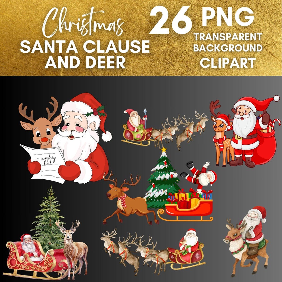 Santa and Reindeer Clipart PNG With Transparent Background Christmas ...