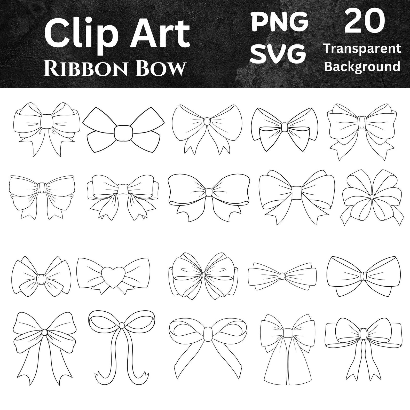 Ribbon Bow Line Art Clipart SVG and PNG | Transparent Background | Bow ...