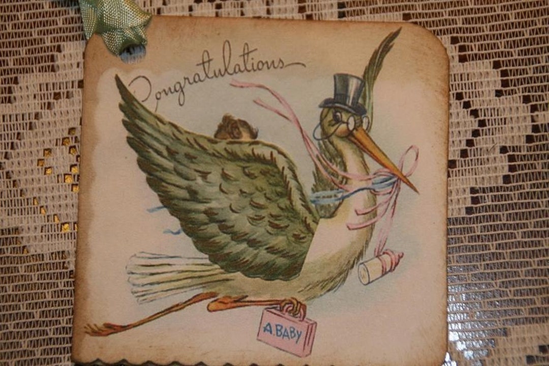 Vintage Stork Baby Shower Tags, Congratulations, Set of 6 - Etsy
