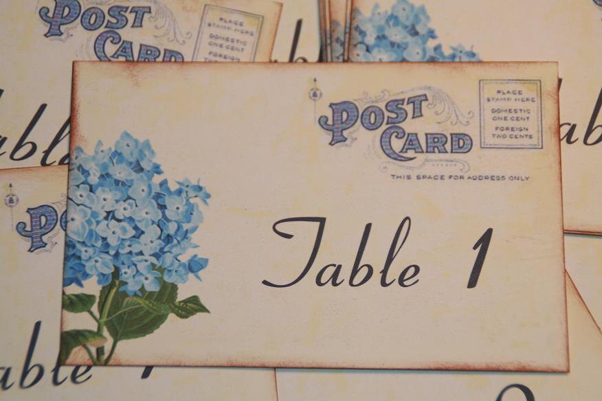 Wedding Table Number Cards - Vintage Postcard Style - Blue Hydrangea ...