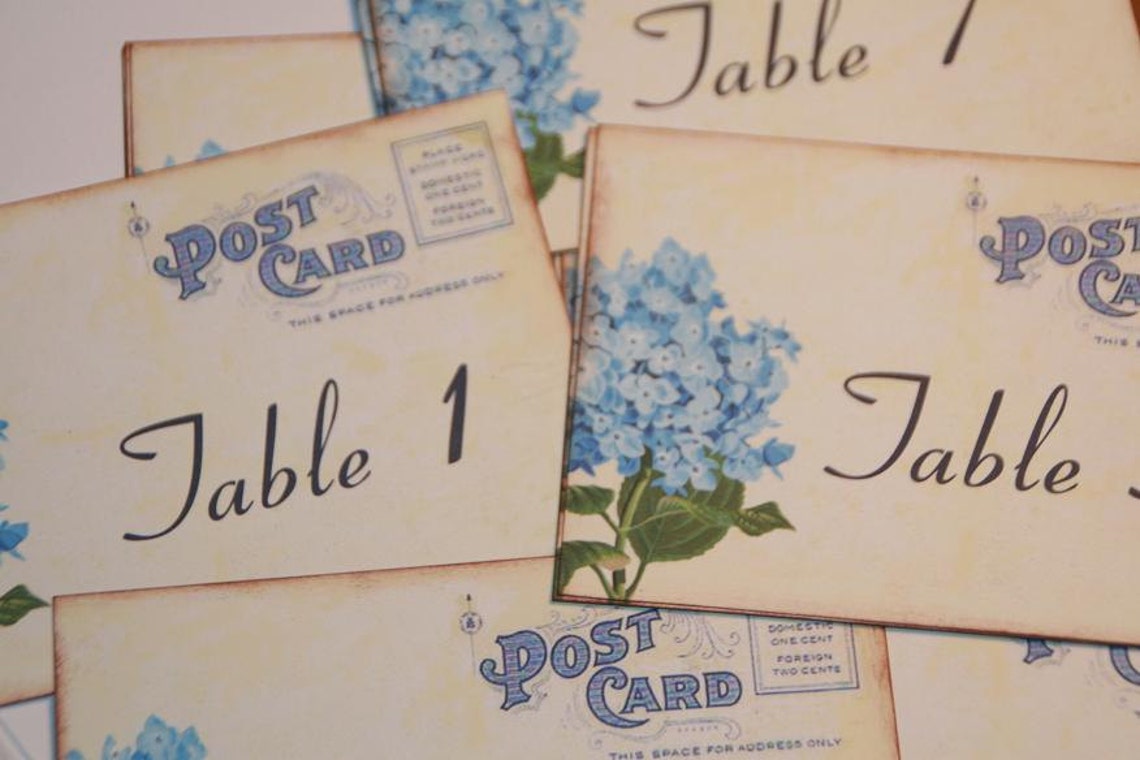 Wedding Table Number Cards Vintage Postcard Style Blue | Etsy