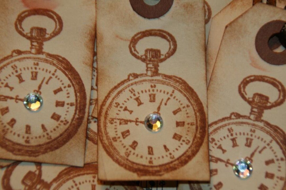 12 Primitive Vintage Clock- Pocket Watch Gift Tags With Rhinestone ...
