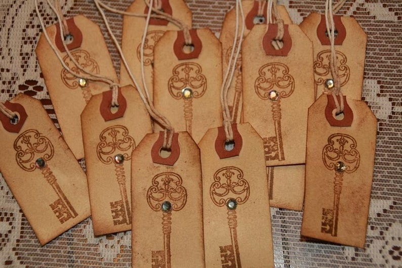 12 Primitive Vintage KEY Gift Tags With Rhinestone Embellishment - Etsy