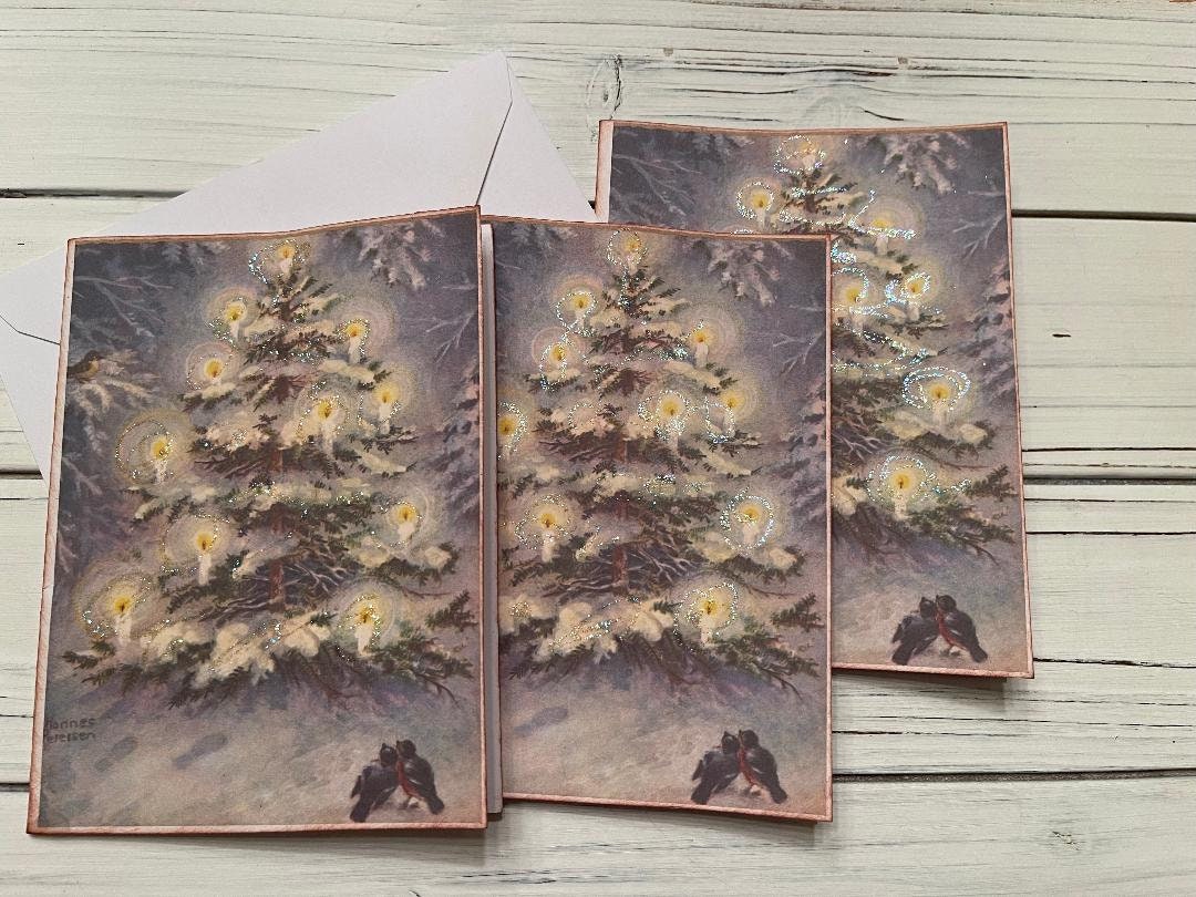 Christmas Card Set With Envelopes and Seals, Christmas Tree, Vintage ...