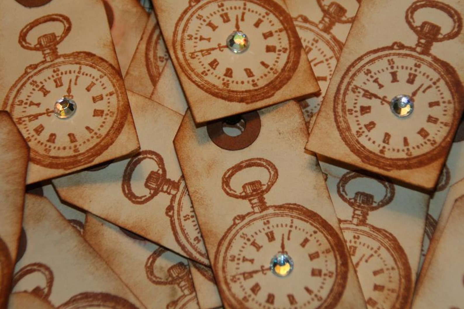 12 Primitive Vintage Clock- Pocket Watch Gift Tags With Rhinestone ...