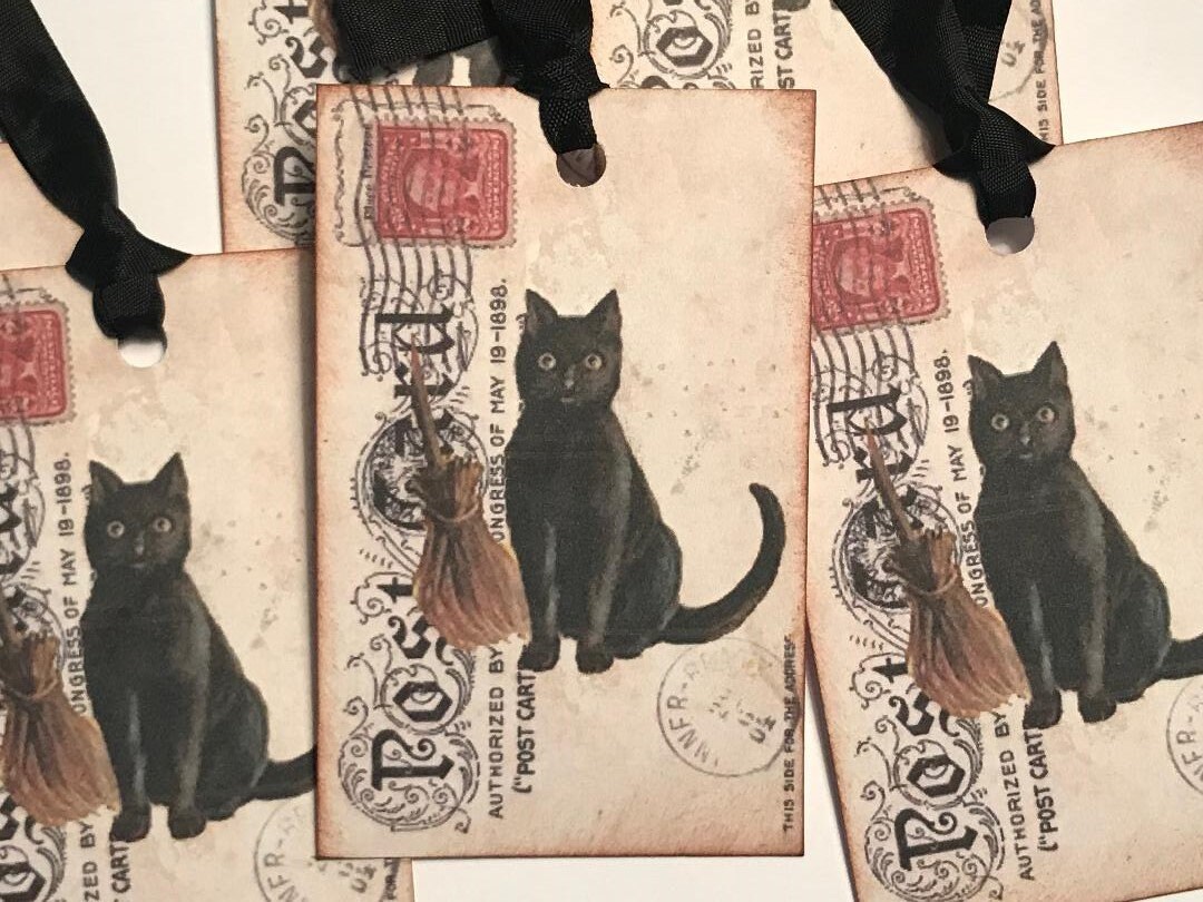 Black Cat on Vintage Post Card Gift Tags Halloween Gift Tags - Etsy