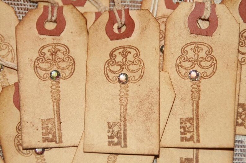 12 Primitive Vintage KEY Gift Tags With Rhinestone Embellishment - Etsy