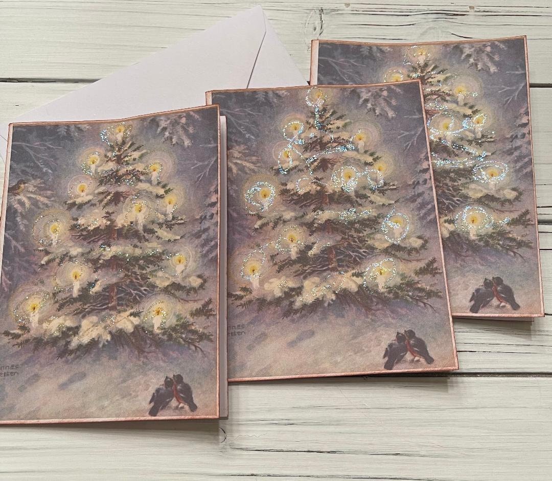 Christmas Card Set With Envelopes, Christmas Tree, Vintage Old Fashion ...