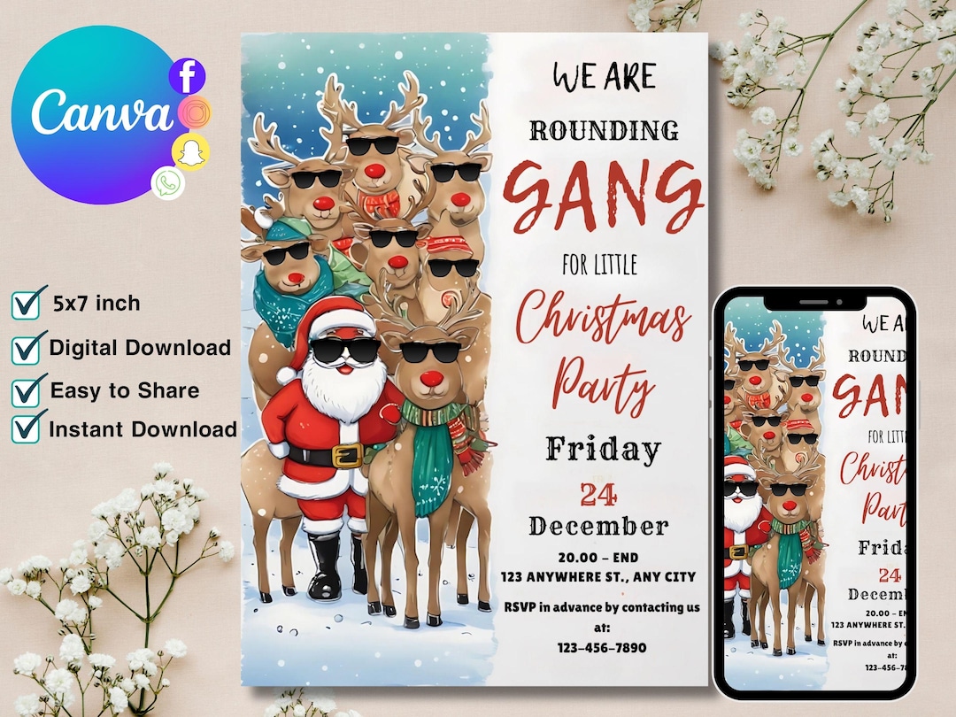 Editable Reindeer Christmas Party Invitation, We're Rounding up the ...