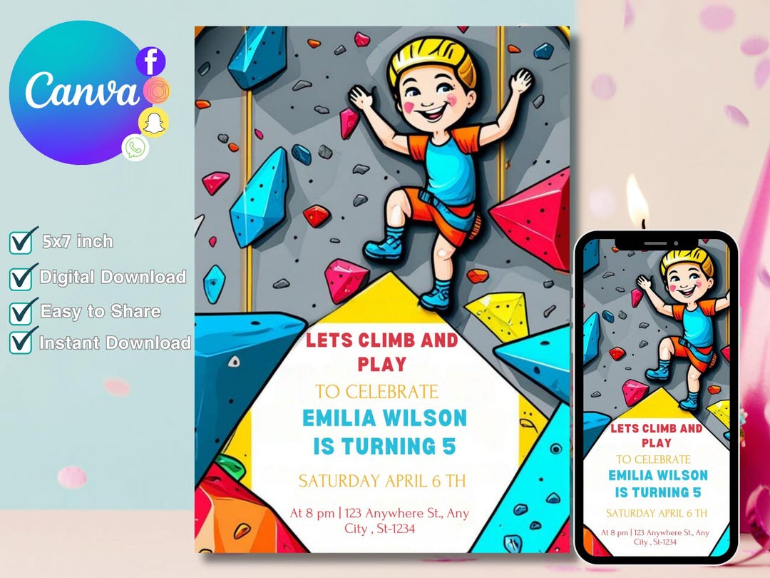 Editable Rock Climbing Birthday Invite, Indoor Climbing Wall Invite ...