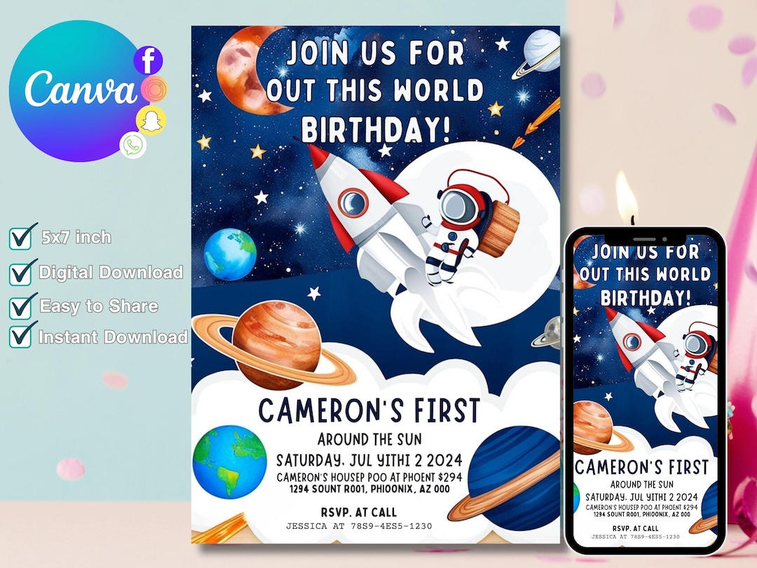Editable Outer Space Birthday Invitation Template, Planets Rocket Ship ...