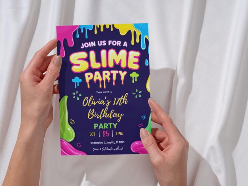 Slime Birthday Invitation, EDITABLE Neon Glow Slime Party Invite ...