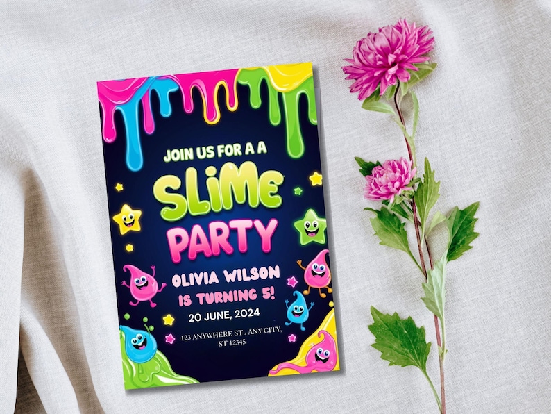 Slime Birthday Invitation, EDITABLE Neon Glow Slime Party Invite ...