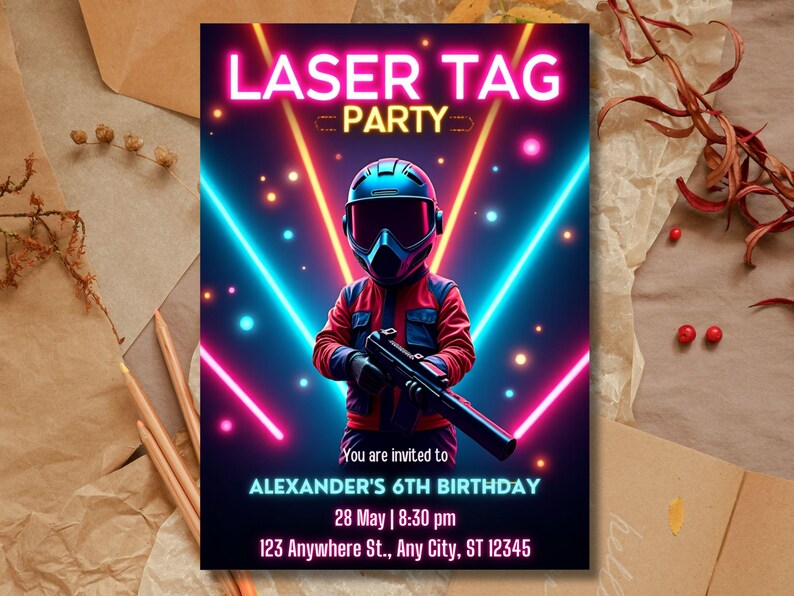 Laser Tag Birthday Invitation Template, Laser Tag Invitation, Neon Glow ...