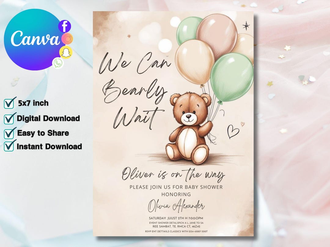 Editable Gender Neutral Bear Baby Shower Invitation, We Can Bearly Wait ...