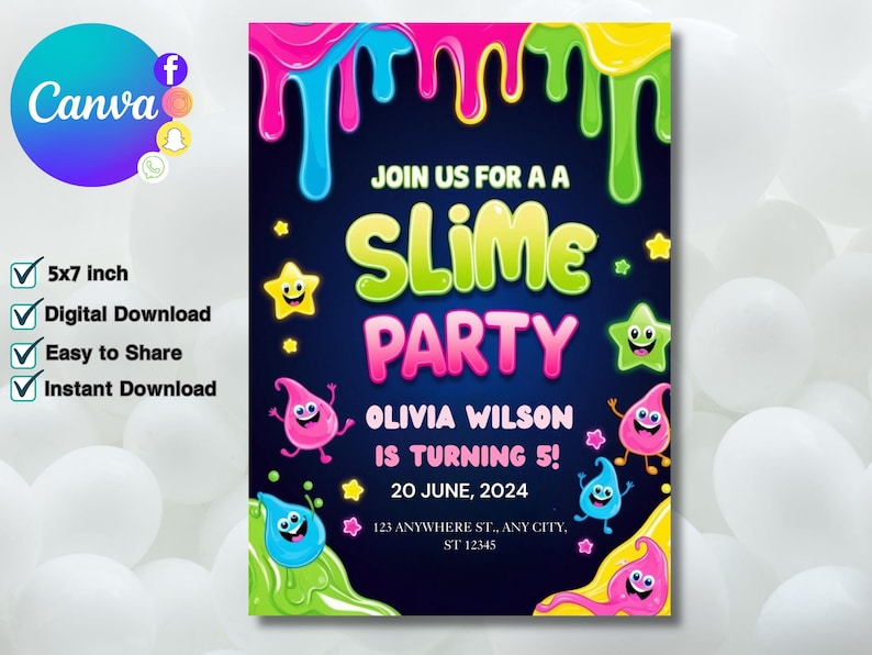 Slime Birthday Invitation, EDITABLE Neon Glow Slime Party Invite ...
