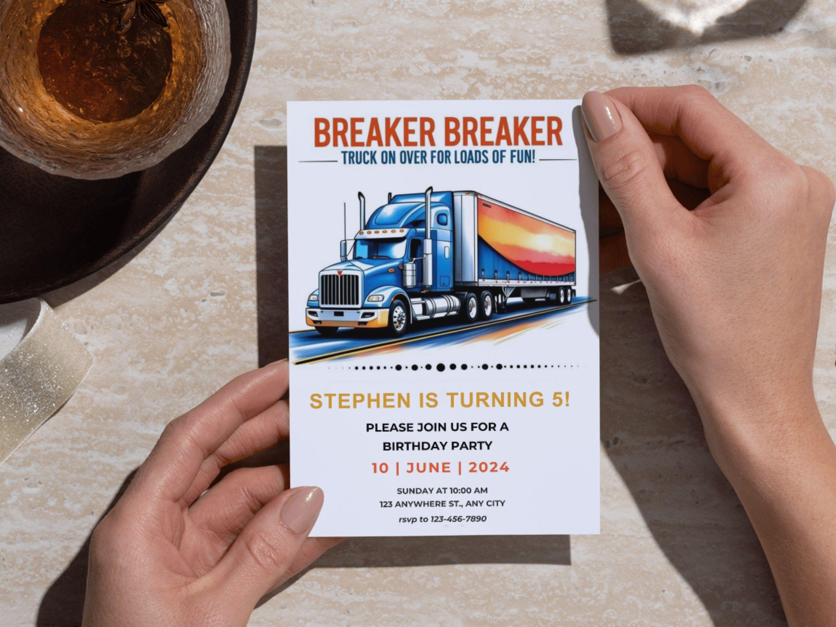 Editable Semi Blue Truck Birthday Party Invitation Template, Big Rig ...