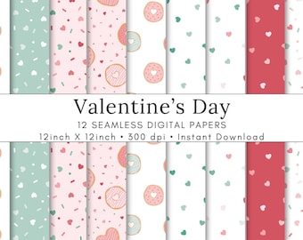 12 Valentine Hearts Seamless Digital Papers, Valentine's Day Scrapbook ...