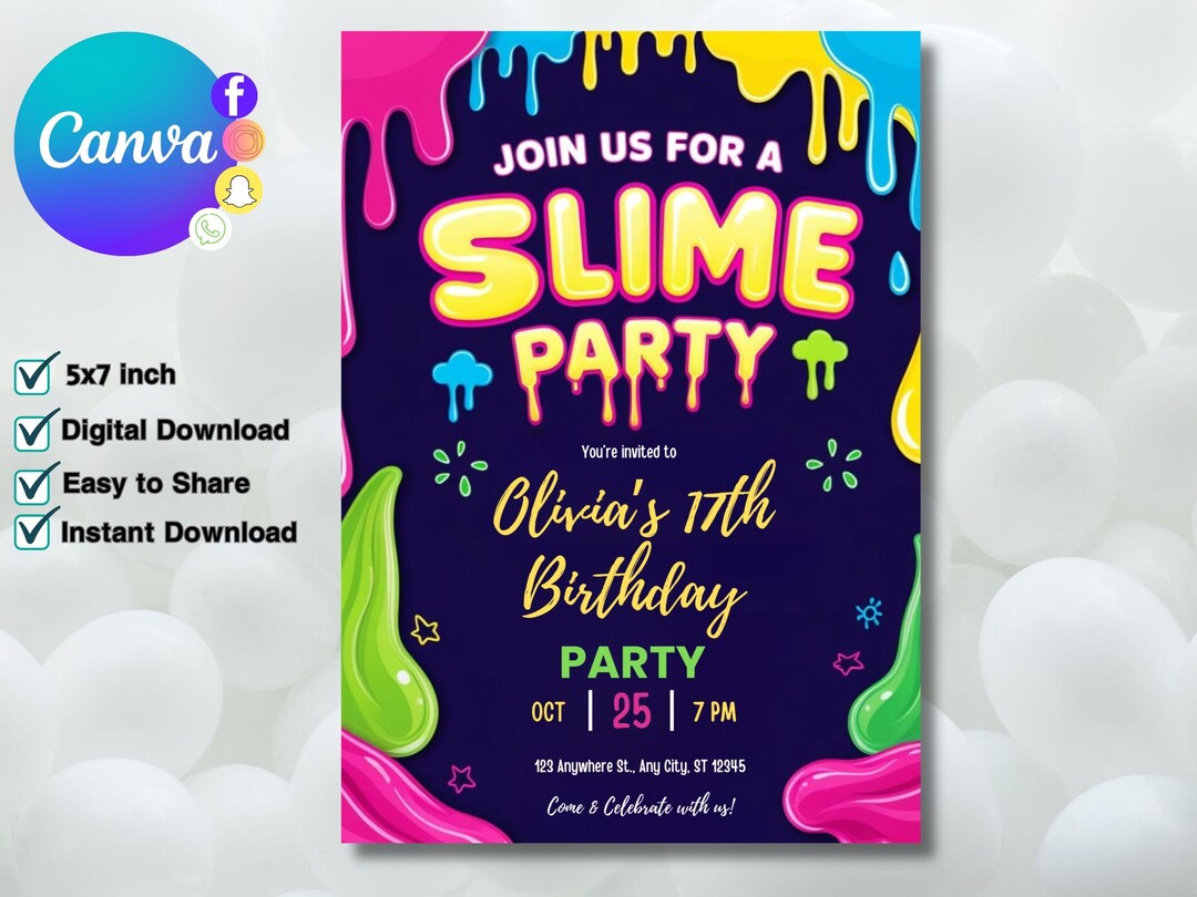 Slime Birthday Invitation, EDITABLE Neon Glow Slime Party Invite ...