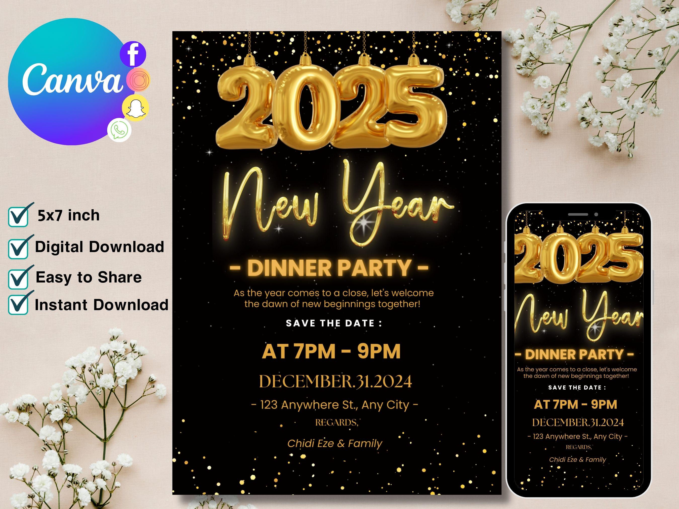 Editable New Year Invitation, 2025 New Year Invitation, NYE 2025 ...