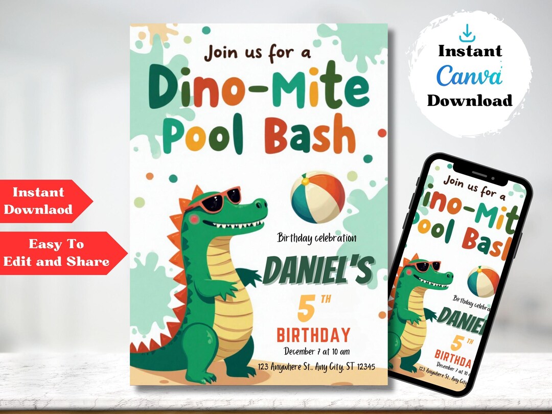 Editable Dinosaur Pool Party 5th Birthday Invitation Dino-mite Summer ...