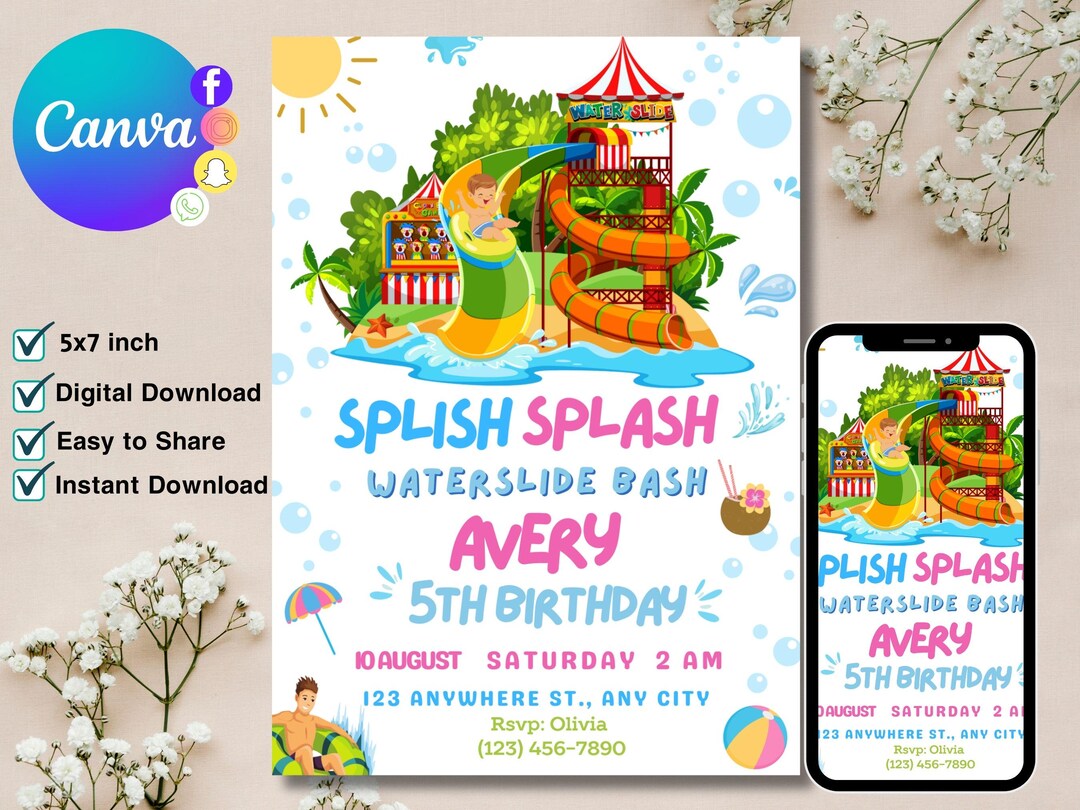 Water Slide Birthday Invitation, Waterslide Birthday Invitation, Water ...