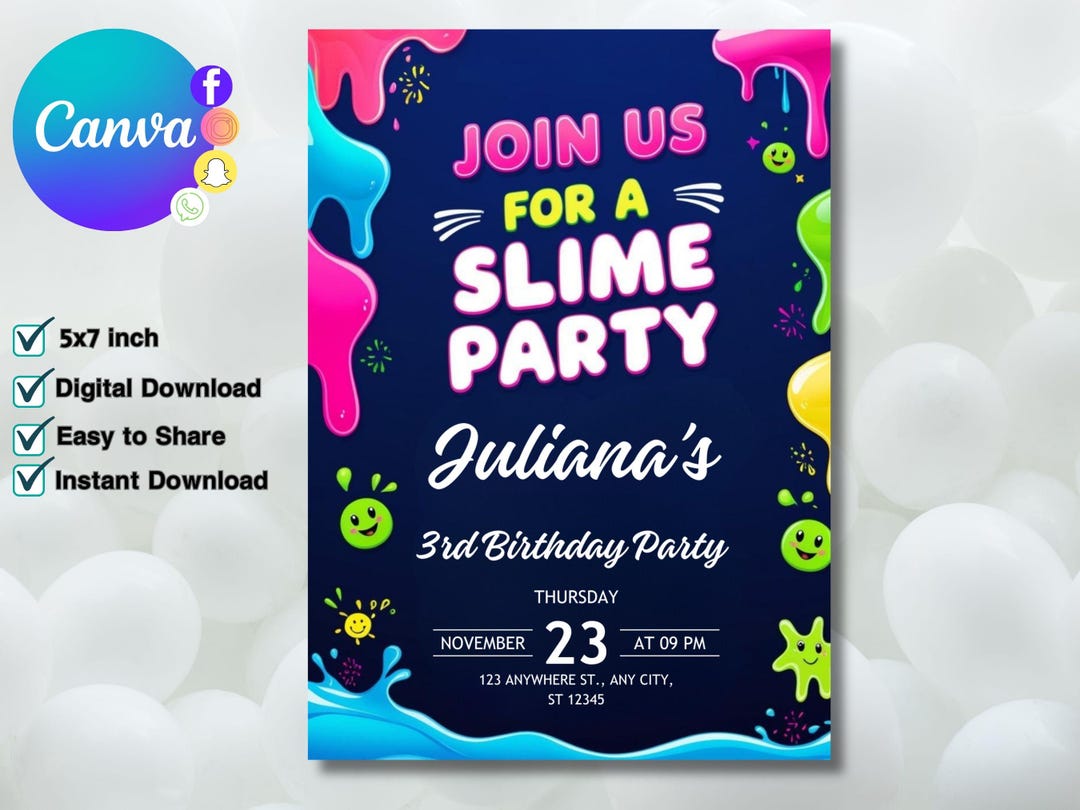 Slime Birthday Invitation, EDITABLE Neon Glow Slime Party Invite ...