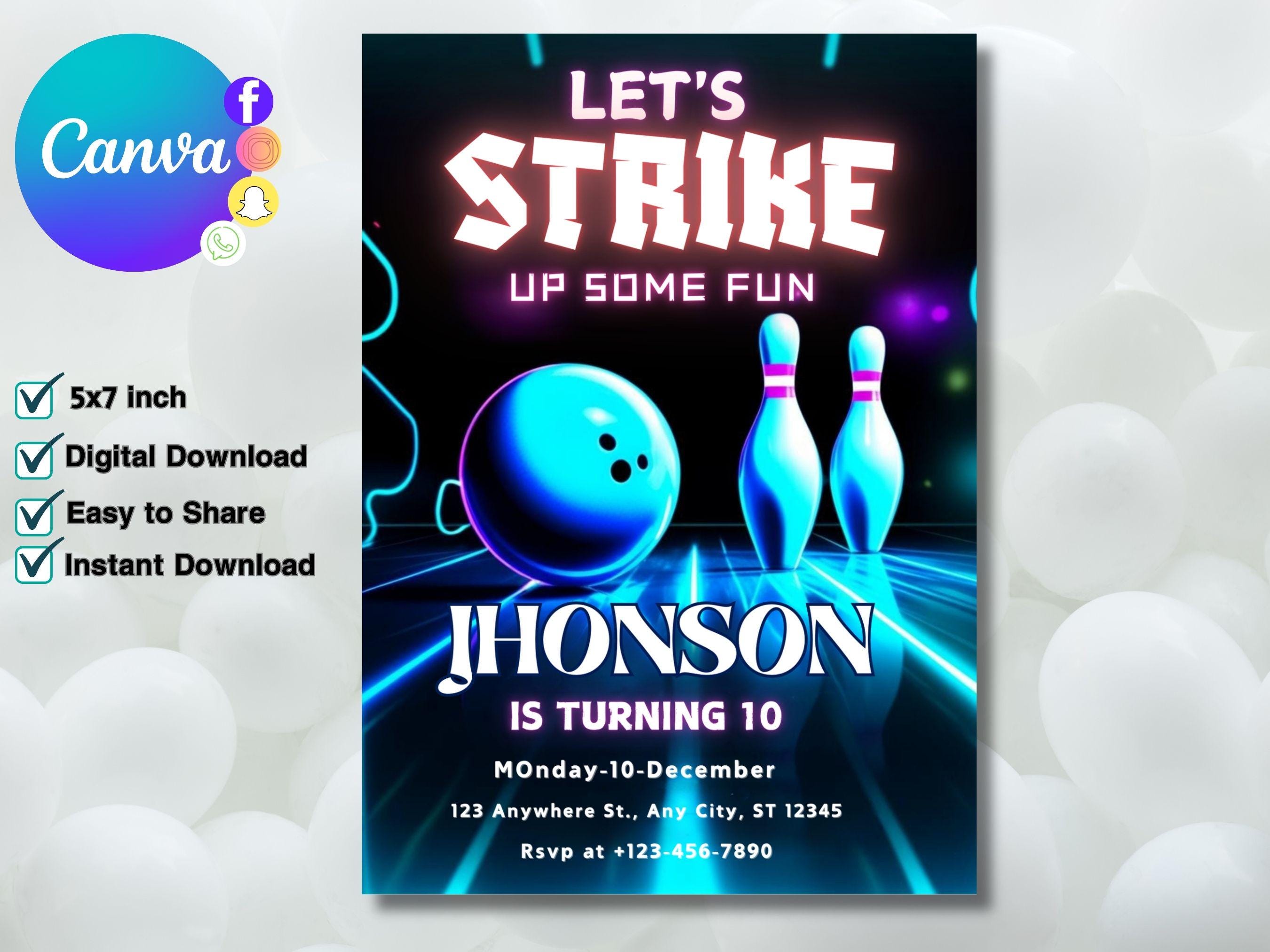 EDITABLE Bowling Party Invitation, Editable Bowling Birthday Invitation ...