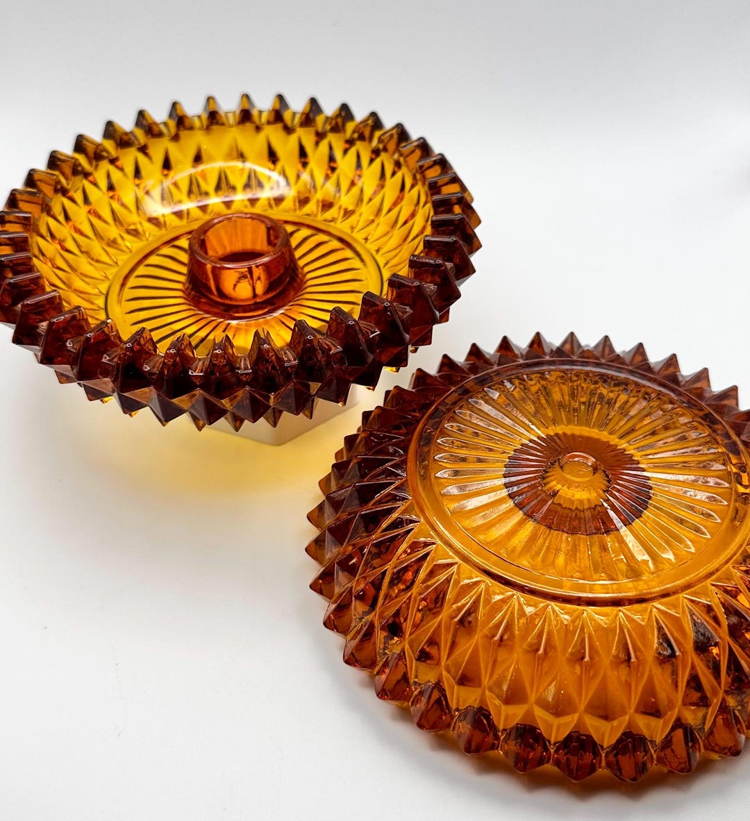 Vintage Indiana Glass Diamond Point Amber Candle Holder Pair - Etsy