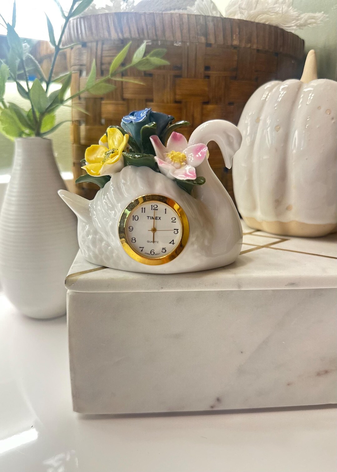 Vintage Timex Swan Mini Clock Floral Ceramic - Etsy