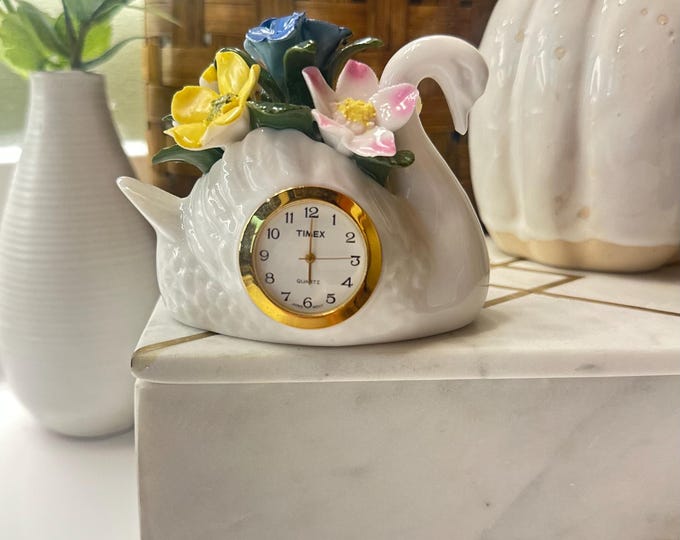 Vintage Timex Swan Mini Clock Floral Ceramic - Etsy