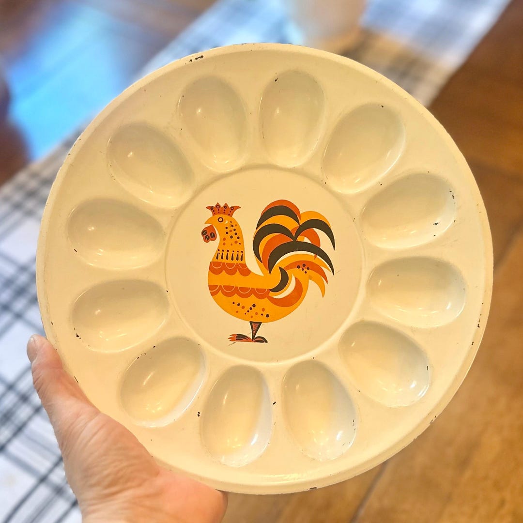 Vintage Mid Century Retro 12 Deviled Egg Plate Platter Rooster Lacquer ...