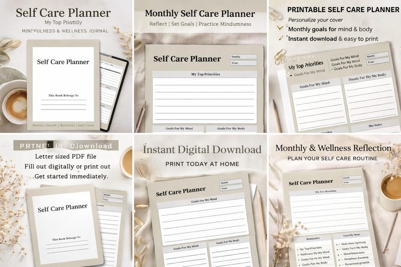 Self Care Planner Printable, Monthly Wellness Journal, Mind Body Goals ...